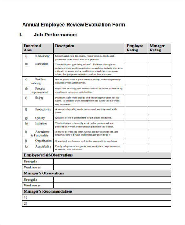 Evaluation Form Template For Employees Printable Templates